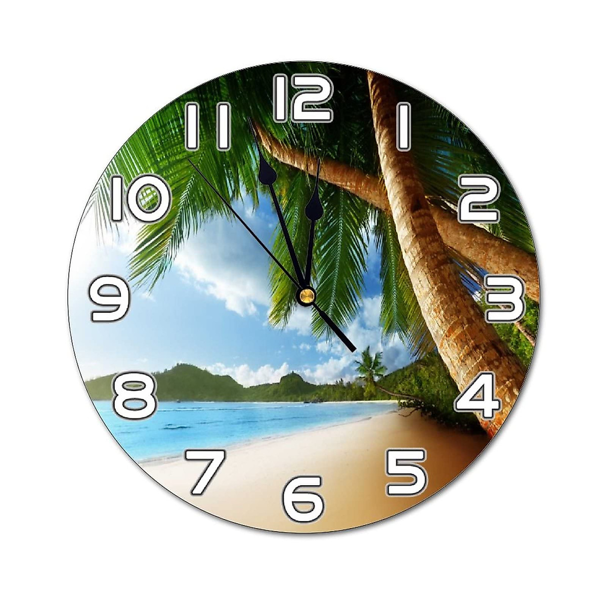 Abucaky Sea Beach Palm Trees Wall Clock Battery Operated Silent Non Ticking Round Clock Tropical Theme Wall Decor for Home, Office, School 9.8 Inch