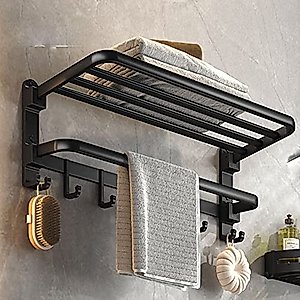 Yariwiz Matte Black Towel Rack Wall Mounted No Drill and Screw Mounting, Bathroom Bath Shower 22.5 inch Double Towel Rod with Shelf Hotel