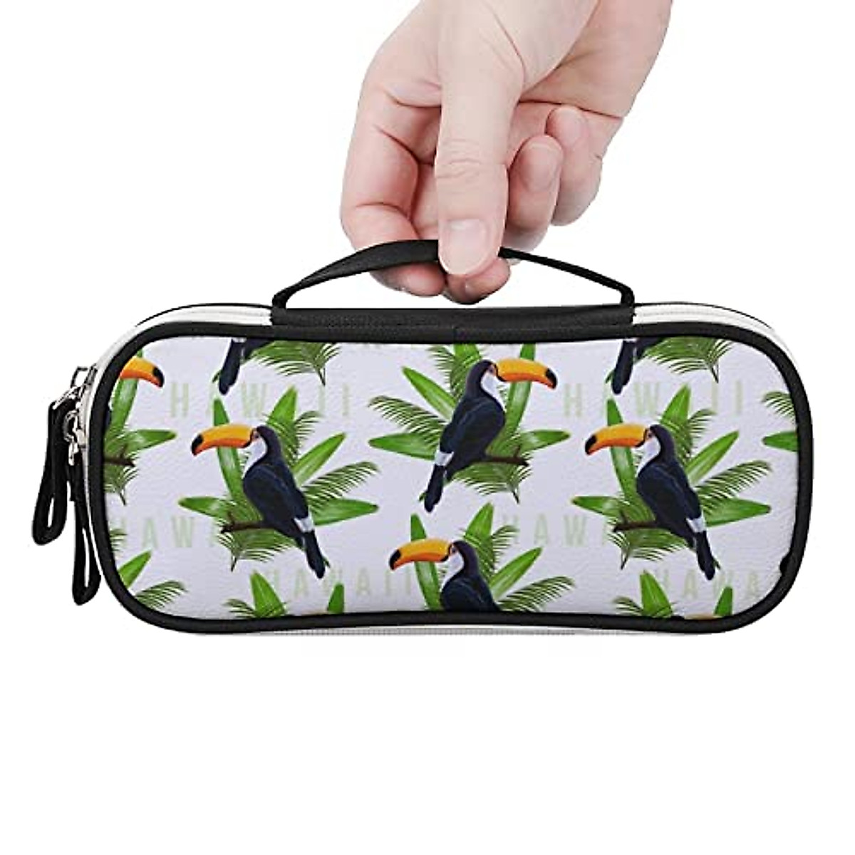Toucan Tropical Palm Tree PU Leather Pen Pencil Bag Organizer Portable Makeup Carry Case Storage Handbag