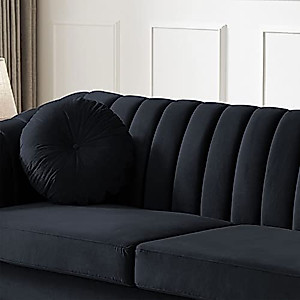 Modern Velvet Upholstered Sofa,72 Inch 3 Seater Tufted Back,Rivet Arms, 2 Pillows,Solid Wood Legs, Living Room Sofa Bed,Compact Living Space,Apartment, Bonus Room,Loveseat Sofa (Black)…