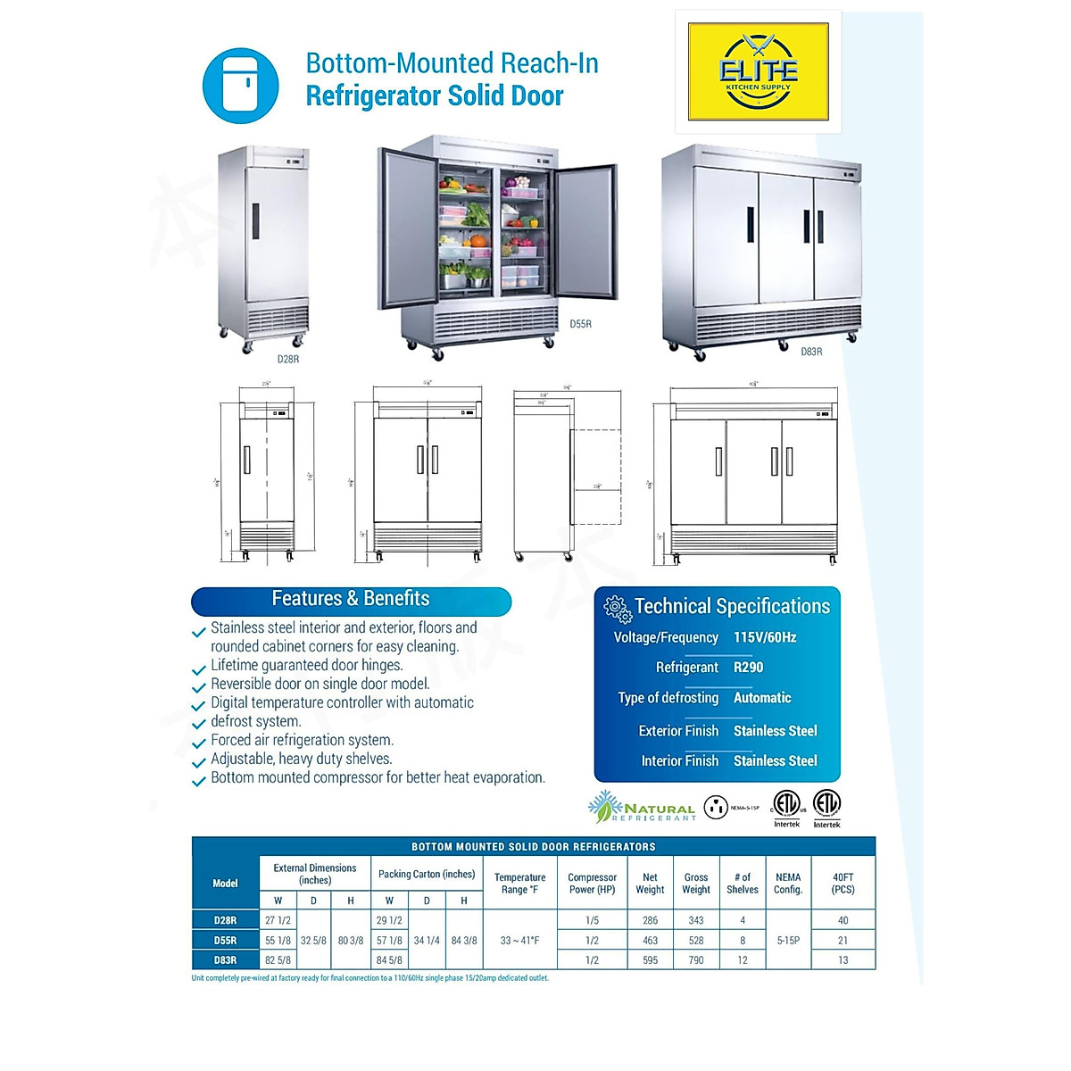 Elite Kitchen Supply Commercial Reach In Refrigerator, ETL NSF 3 Door Fridge Cooler Merchandiser, 83" W 64 cu.ft. Stainless Steel Interior