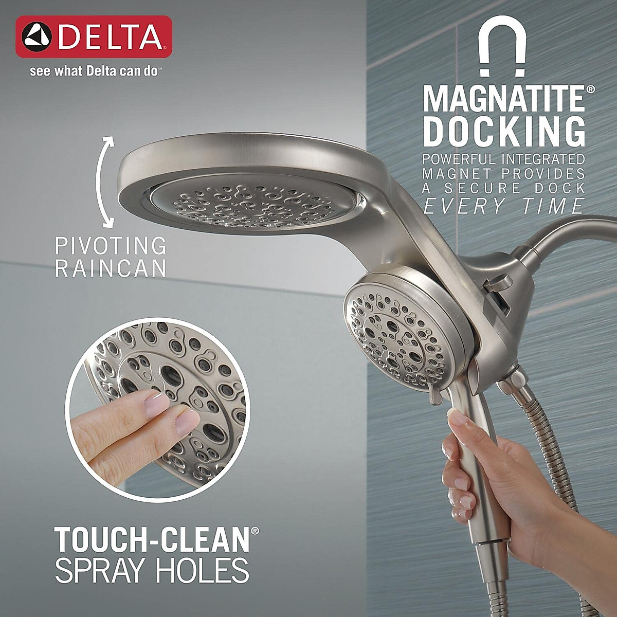 Delta Faucet HydroRain 5-Spray H2Okinetic Dual Shower Head with Handheld Spray, Brushed Nickel Shower Head with Hose, Handheld Shower Head, 2.5 GPM Flow Rate, Lumicoat Stainless 58680-SS-PR25