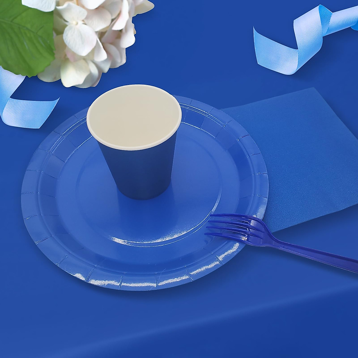 Severs 25 Guests Blue Party Supplies Set Include 9-inch Blue Paper Plates Cups Blue Napkins and Tablecloth,Blue Disposable Dessert Plates for Wedding Birthday