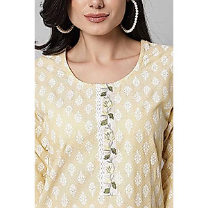 Chandrakala Women's 100% Cotton Tunic Top 3/4th Sleeve Straight Kurti Kurta,Medium,Beige (K218BEI2)