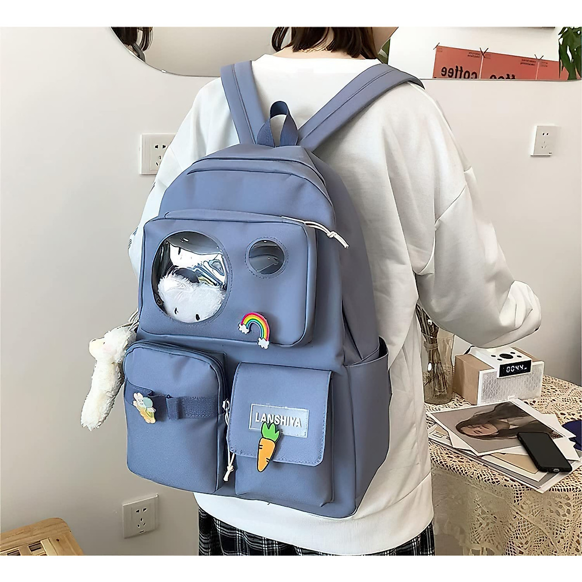 LaurelTree Kawaii Aesthetic Cute 5pcs School Bags Set with Accessories School Suppliers for Teens Girls Backpack Tote Bag (Pink)