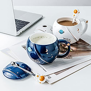 HwaGui - Cute Astronaut Mug With Lid And Spoon, Kawaii Cup Novelty Mug For Coffee, Tea And Milk, Mug Gift Blue 450ml/15oz