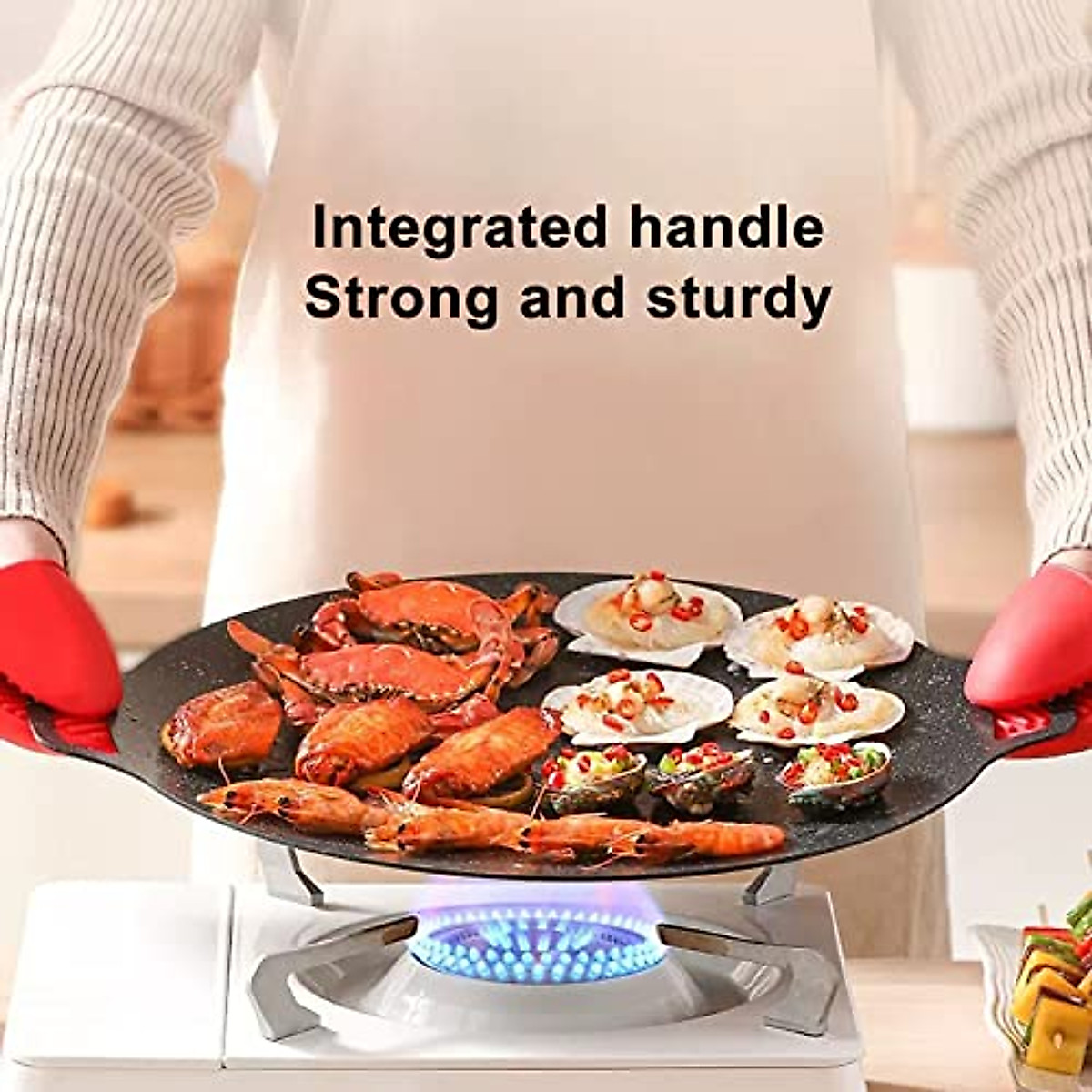 Buachois Korean Grill Pan,Nonstick Round Griddle Grill Pan for Korean BBQ,Round BBQ Griddle with Handle,Multifunctional Stove Plate for Meats, Pancakes, Ribs (Gas Model 30cm)