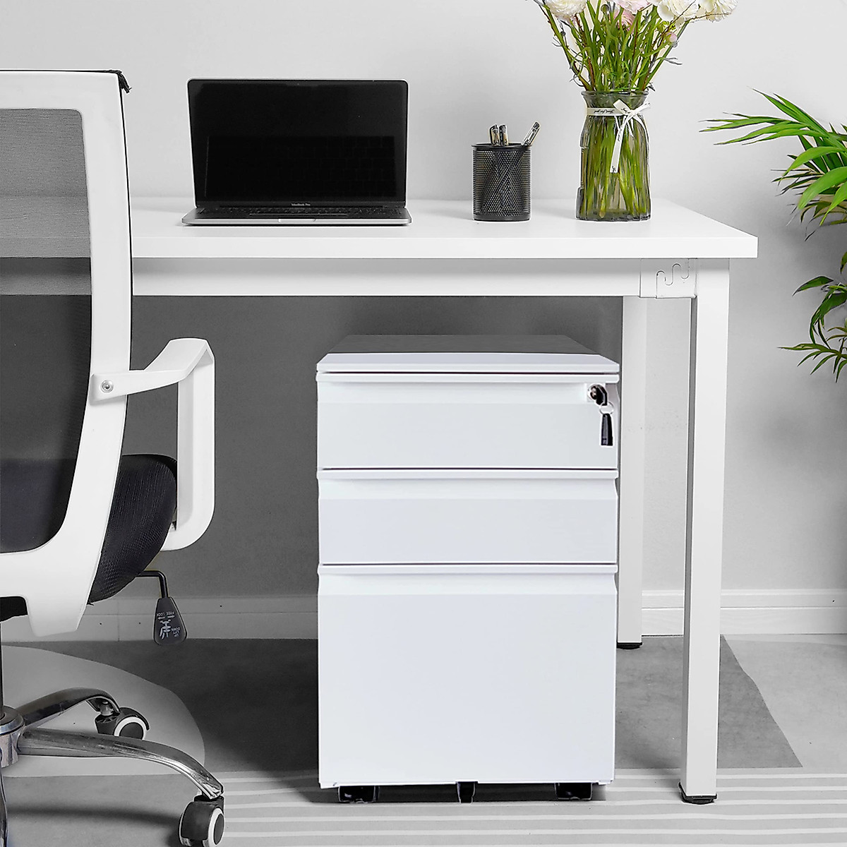 Sanoolir 3-Drawer Mobile File Cabinets Rolling, Vertical Metal Filing Cabinet for Legal & Letter File Anti-tilt Design with Lock Under Desk Office Drawers Fully Assembled (White)