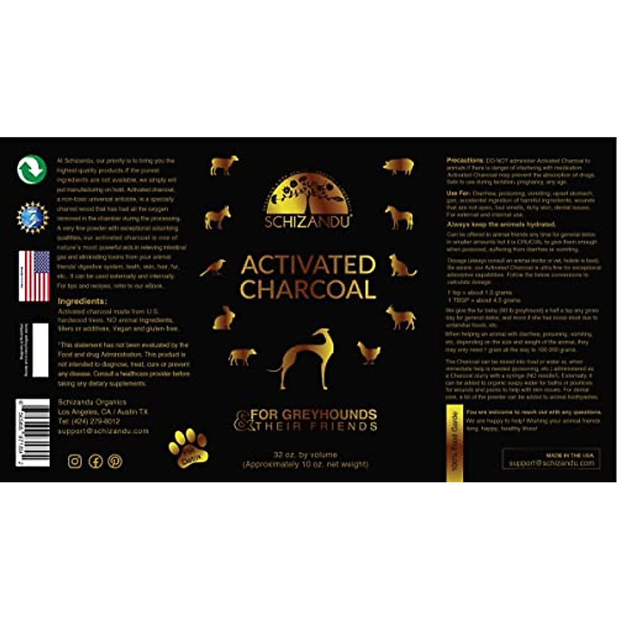 Activated Charcoal Powder for Dogs and All Pets, Livestock. Organic. for Digestive Upset, Poisonings, Detox, Dental Health, Kidney Relief, General Well-Being, Longevity, 10 oz / 1qt