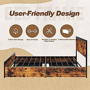 Rolanstar Bed Frame, Queen Size Bed Frame with 4 Drawers, Particle Board Headboard & Metal Platform Bed with Large Storage Space, up to 700LB, No Box Spring Needed, Mattress Foundation, Noise Free