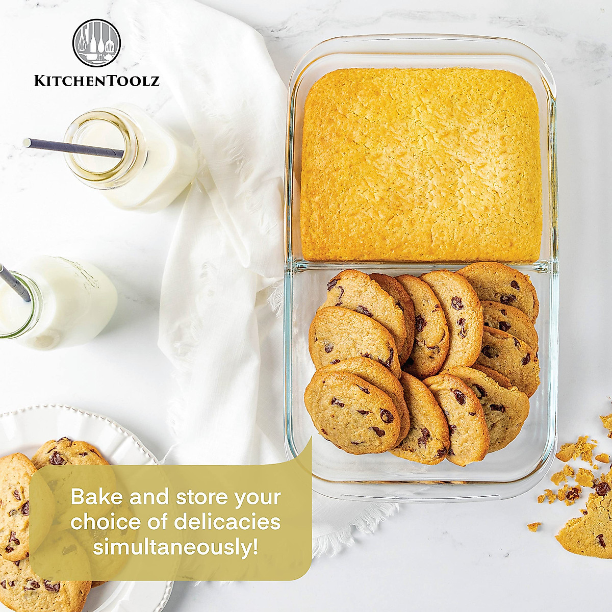 Divided Glass Casserole Baking Dish, Rectangular Bakeware Set 2.3 Qt Each, Oven to Table Clear Glass Lasagna Pan with Divider-2 Pack