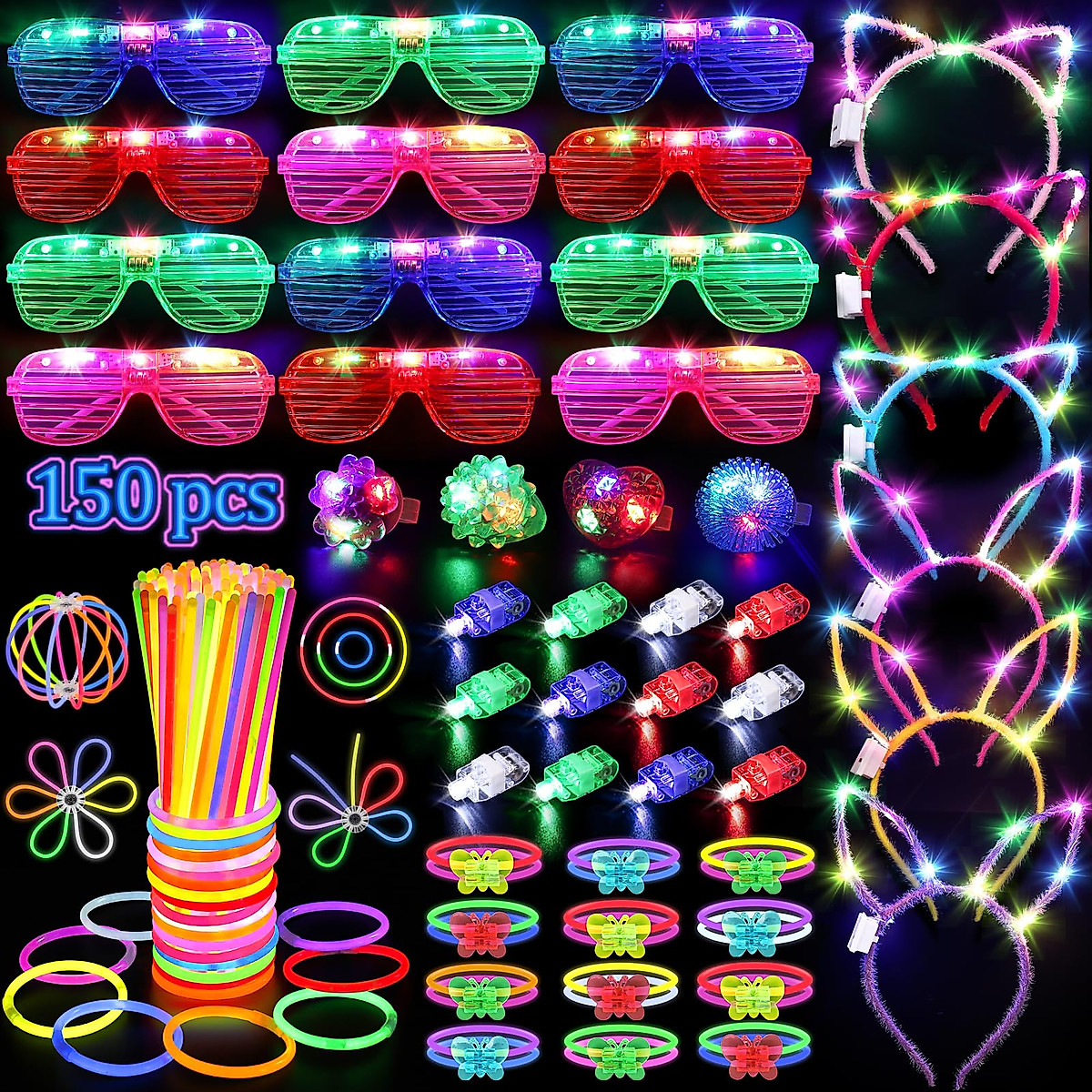 150PCS Glow in the Dark Party Supplies for Kids Adults, Light Up Party Favors with Light Up Glasses, Headband, Rings, 100 Glow Sticks Bulk Party Pack DIY Glow Necklaces Bracelets, Neon Party Supplies
