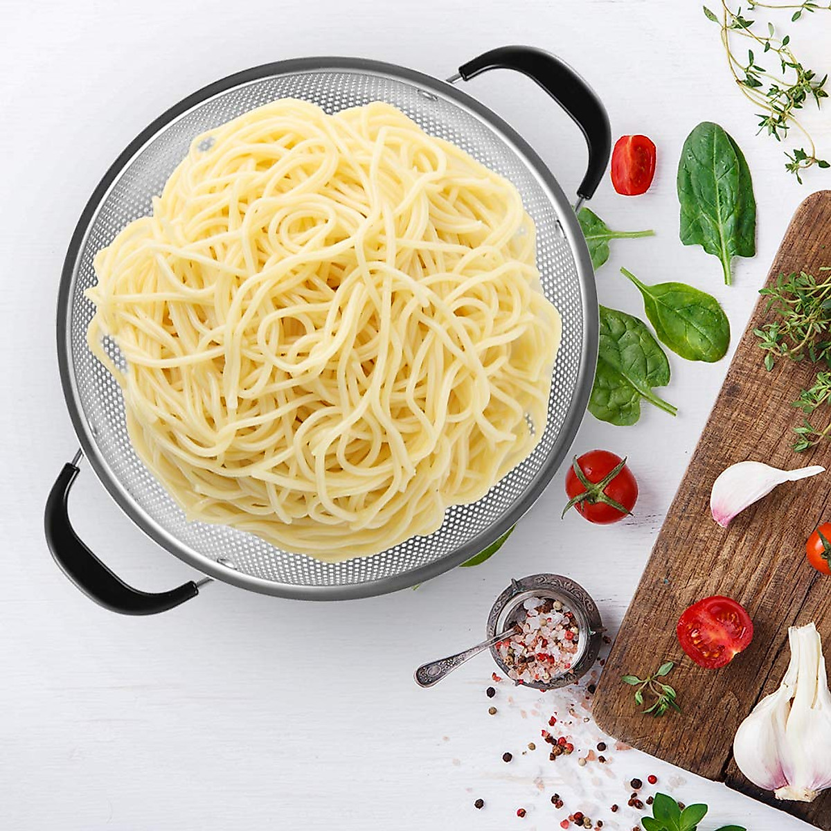 18/8 Stainless Steel Colander, Easy Grip Micro-Perforated 5-Quart Colander, Strainer with Riveted and Heat Resistant Handles, BPA Free. Great for Pasta, Noodles, Vegetables and Fruits