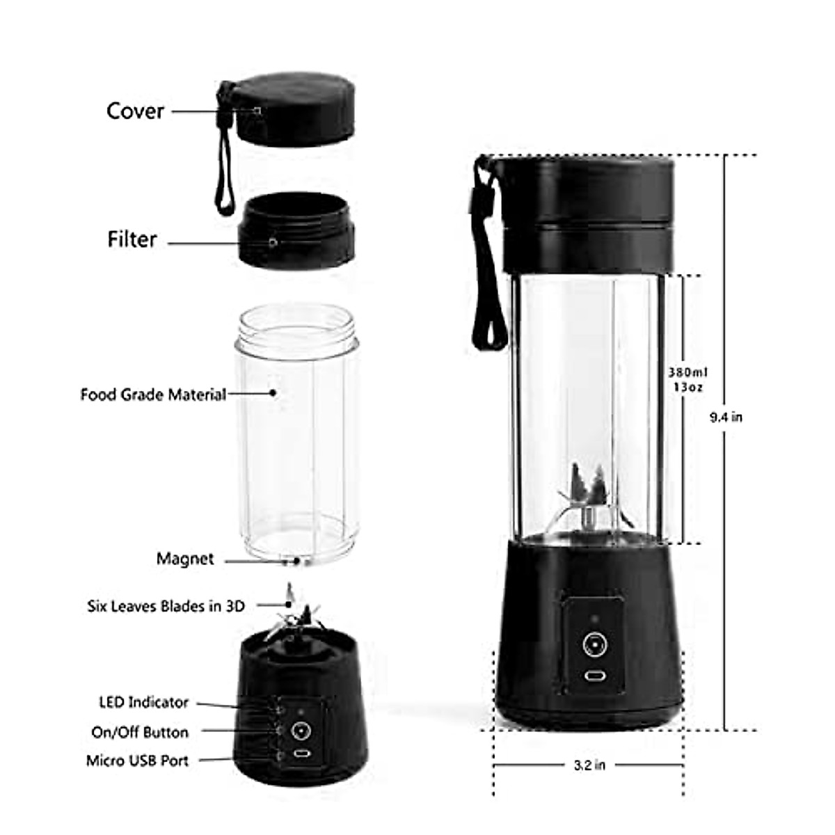 MilkShot Portable Blender, Personal Blender for Shakes & Smoothies, USB Rechargeable Mini Blender with Six Stainless Steel Blades, 4000mAh Fruit Juice Mixer for Travel, Car, Office, 380ML, Black