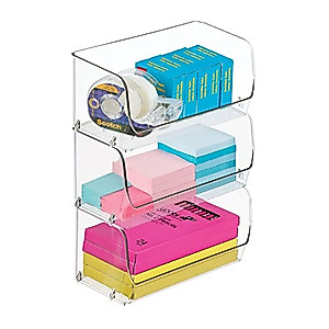 mDesign Small Plastic Stackable Office Storage Organizer with Open Front - Perfect Drawer and Desk Bin - Pen, Marker, Pencil, Paper, and Stationary Holder - 7" Wide - Ligne Collection - 3 Pack - Clear