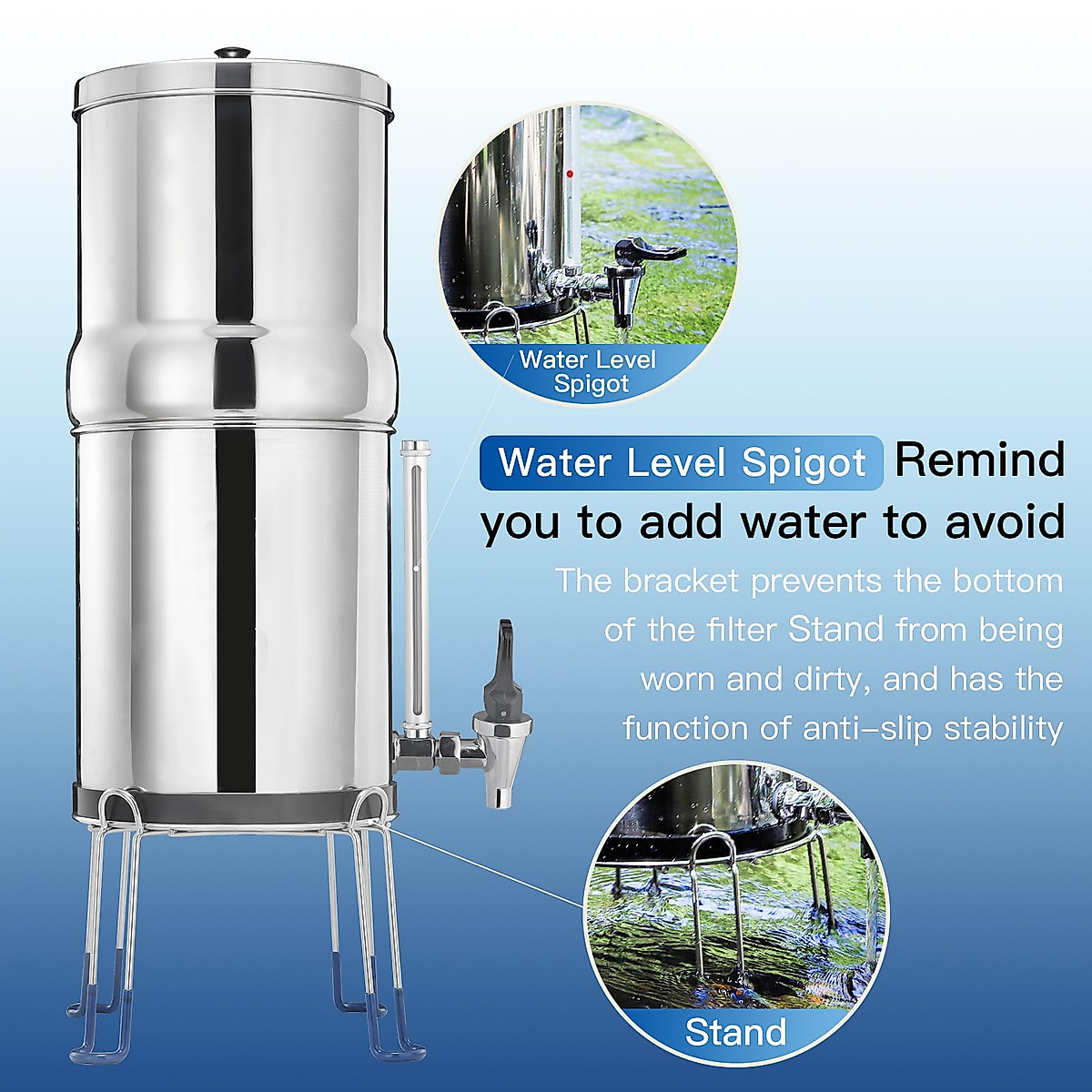 FACHIOO Gravity-fed Water Filter System, 2.25 Gallon Stainless Steel Countertop System with 2 Ceramics Filters Washable Filters, Metal Water Level Spigot and Stand,Reduce up to 99% Chlorine