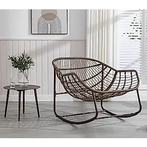 Lin-Utrend Outdoor Patio Rocking Chair,Oversized Egg Rocking Chair,Comfy Wicker Rocker Recliner Chair,Modern Lounge Chair for Living Room Patio,Balcony,Front Porch,Garden(Beige)