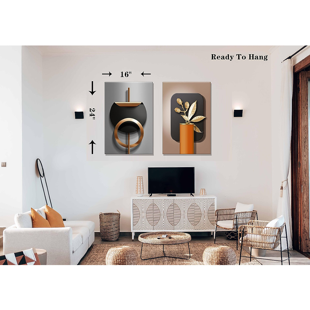 2pcs stereoscopic 3D effect pattern black copper geometric canvas print home décor abstract wall art Nordic luxury living room picture print Modern artwork shape black gold gray Living room bedroom