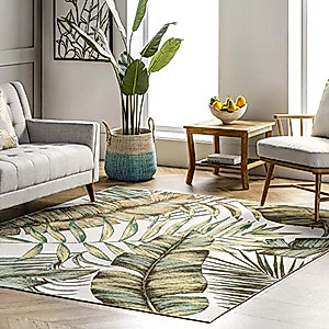 nuLOOM Elen Machine Washable Natural Leaves Ultra Thin Area Rug, 9x12, Olive