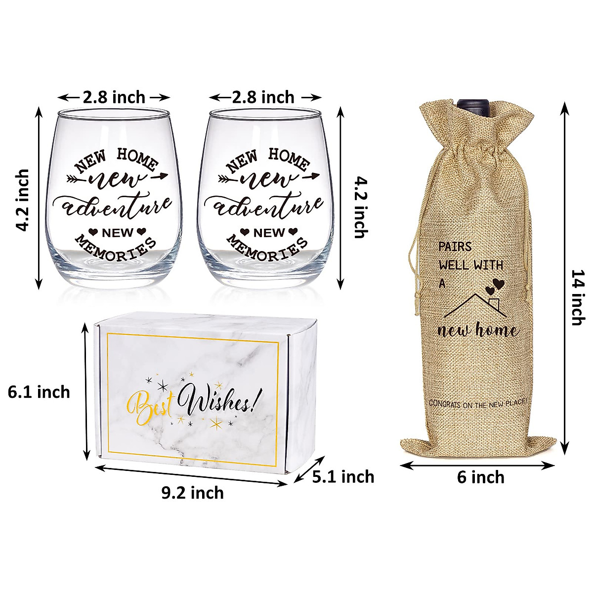 House Warming Gifts New Home, Housewarming Gift Stemless Wine Glass & Bottle Gift Bag Set for Newlywed Couple, Women, Friends, New Homeowner, Unique New Home Gifts for Home, Realtor Gift for Clients