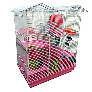 Large 5-Floor Twin Towner Play Tube Habitat Syrian Hamster Rodent Gerbil Mouse Mice Rat Wire Animal Critter Cage (Pink)