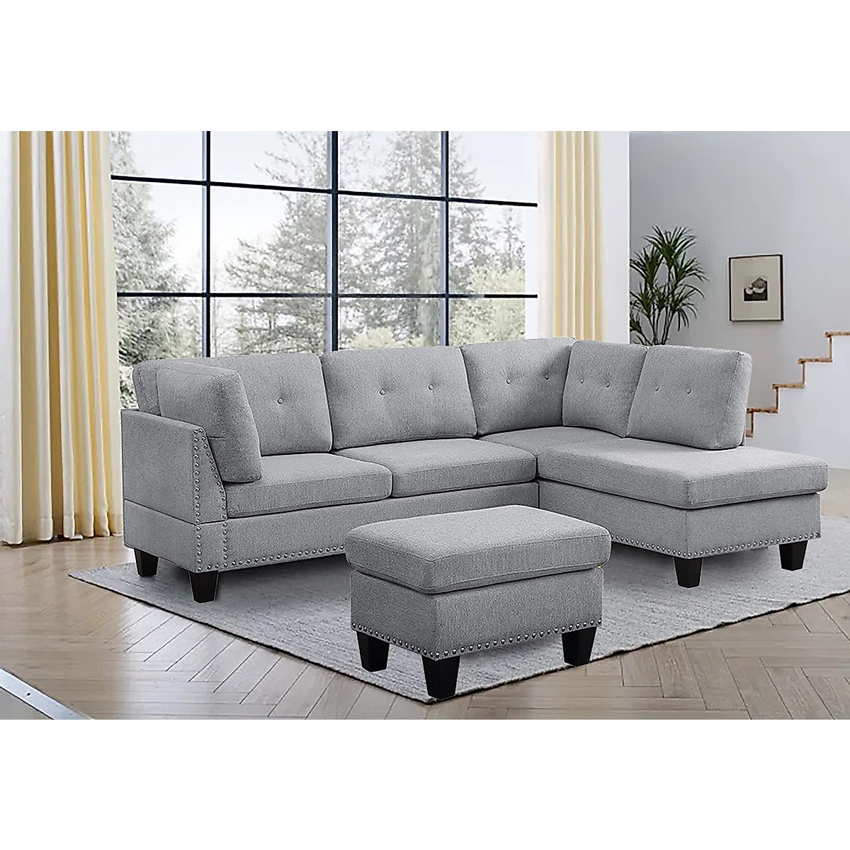 BEEY Modular Sectional Sofa Couch with Reversible Chaise, 3-Seat L Shaped Sectional Couch with Ottoman for Living Room, Right Facing Couch, Light Grey