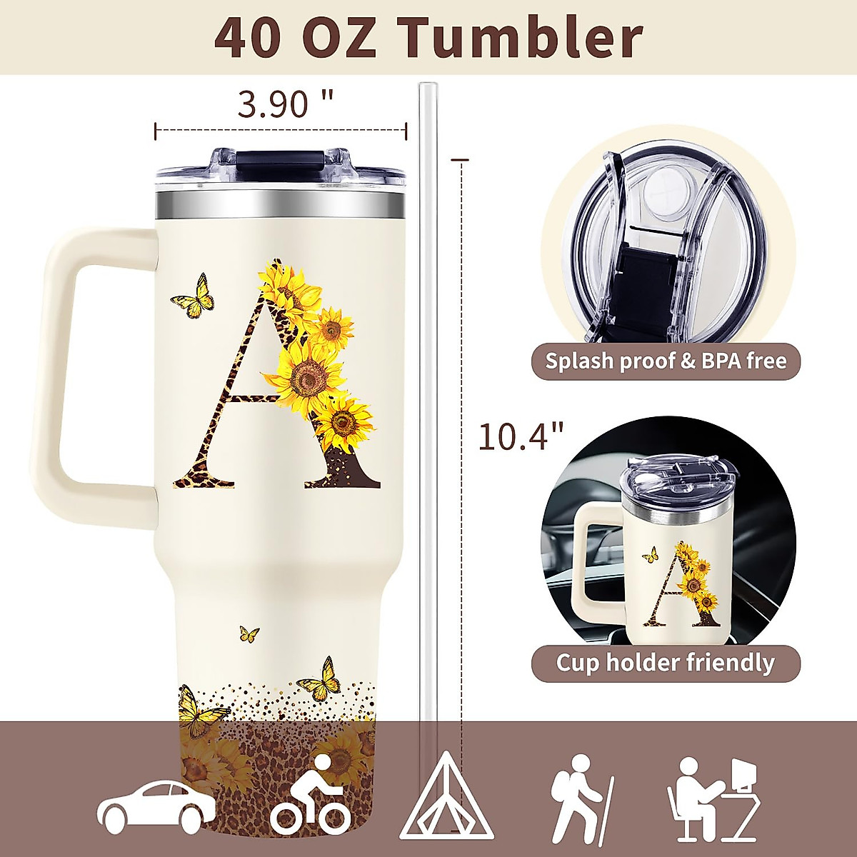 Personalized Sunflower Birthday Gifts for Women, Monogrammed 40oz Customized Tumblers Gifts with Initial Name for Grandma Mom Aunt Sister on Mothers Day, Custom Name Cups Gift for Her Female