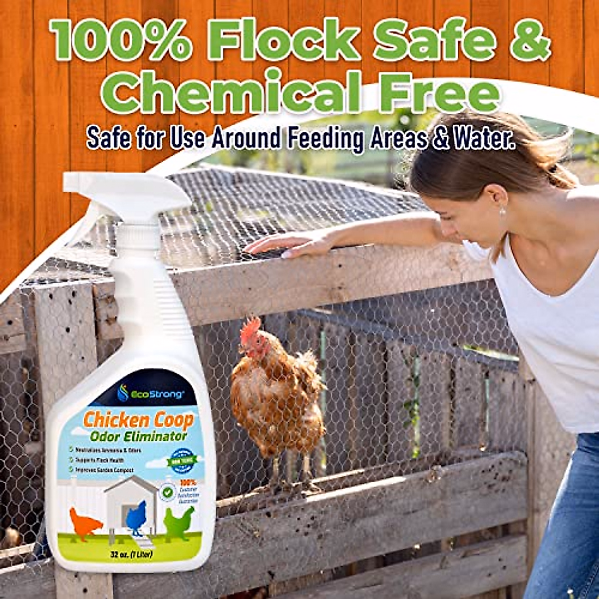 Eco Strong Chicken Coop Cleaner and Odor Eliminator, All Natural Deodorizer - Ready to Use – 32 oz Sprayer