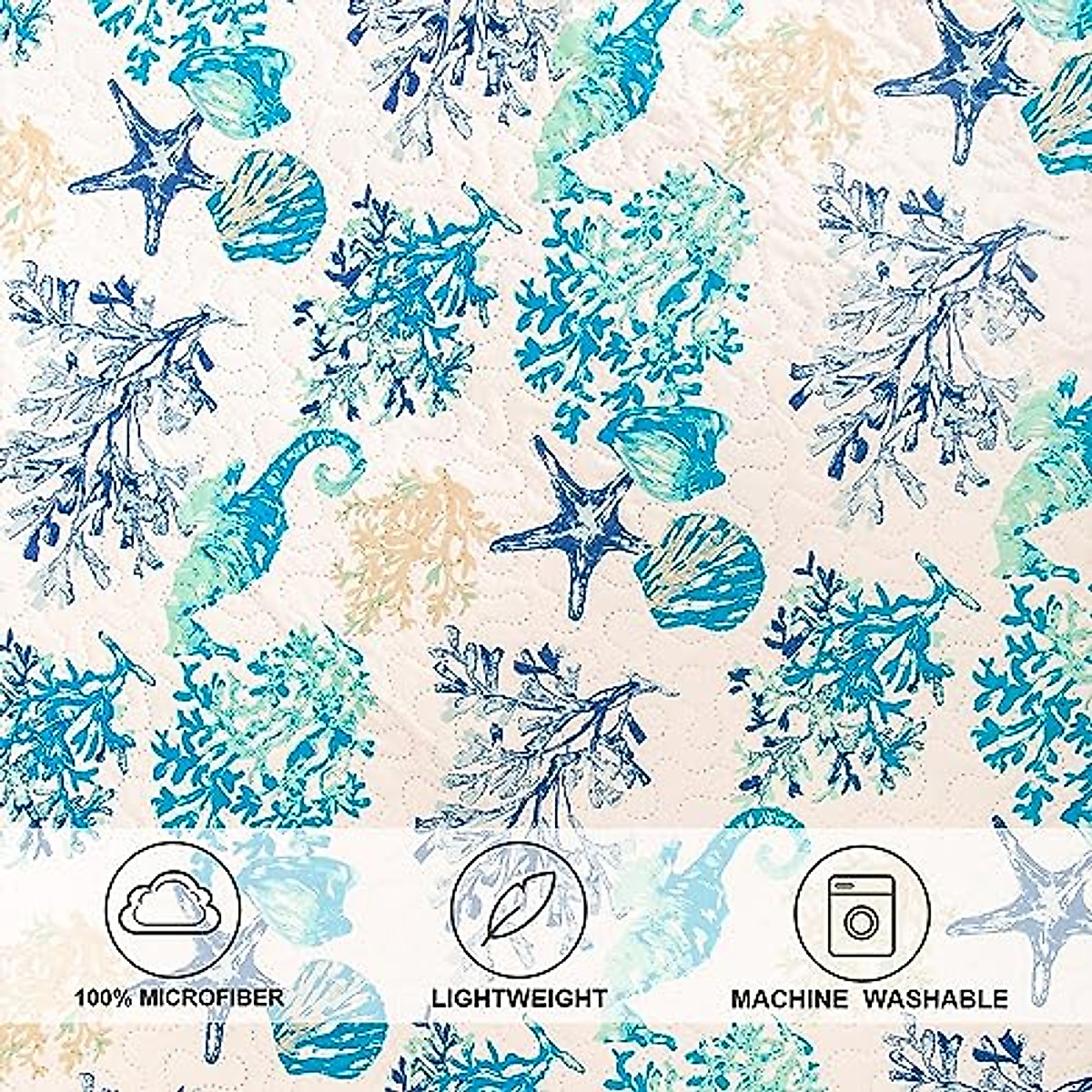 3 Piece Ocean Daybed Cover Set Twin Reversible Daybed Bedding Sets Beach Theme Day Bed Cover Starfish Shell Seaweed Seahorse Printed Bedspread Coverlet for Twin Bed with 2 Standard Shams,39"x75"