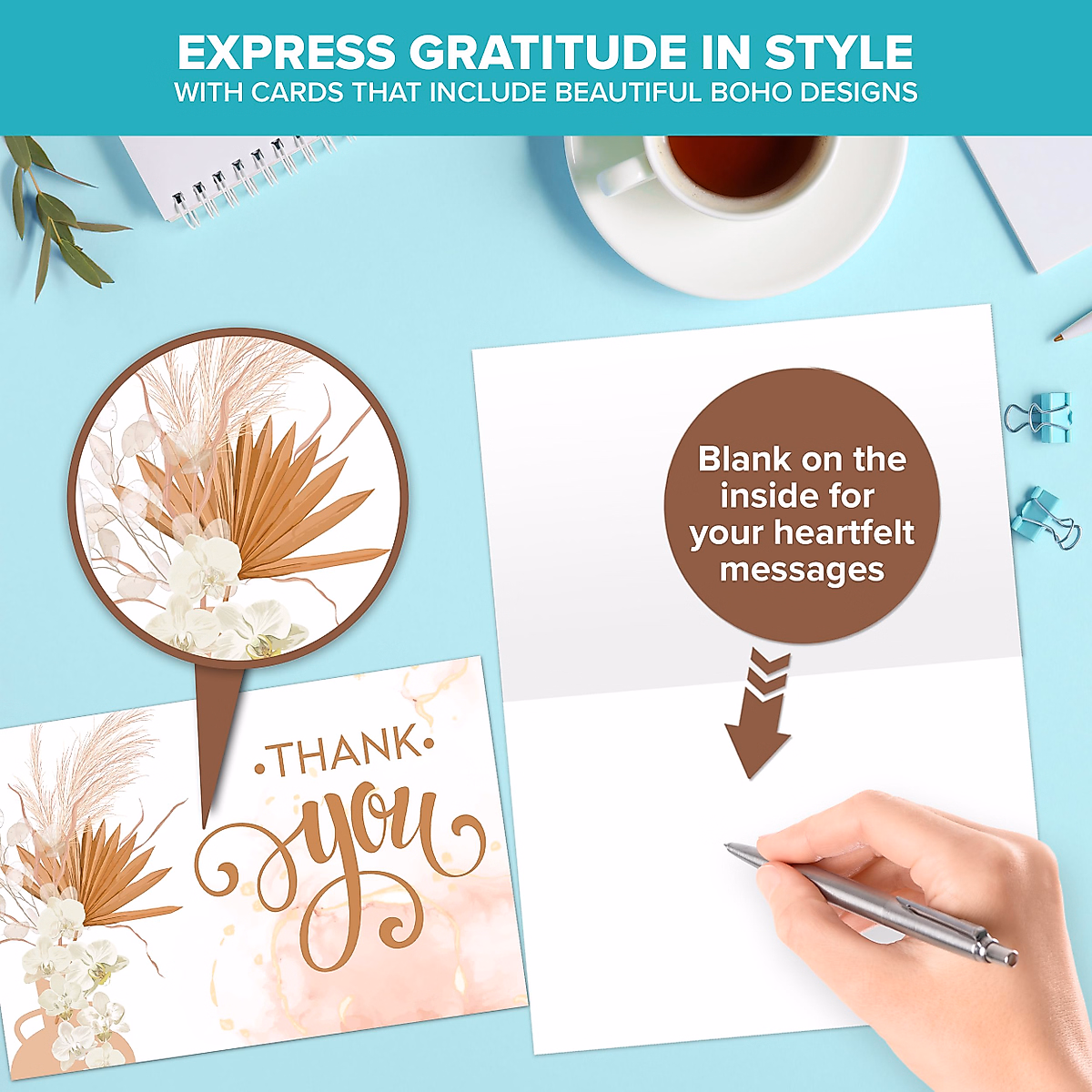 Decorably Thank You Cards with Envelopes & Stickers - 24 Pack Boho Thank You Cards with Envelopes, Blank Inside Baby Shower Thank You Cards Boho, 6x4in Baby Shower Thank You Cards with Envelopes Boho