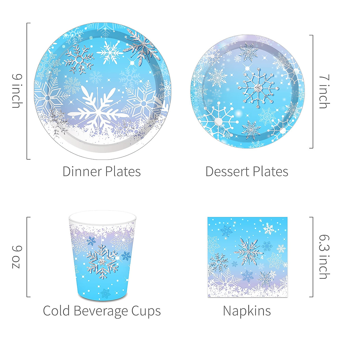 Winter Party Decorations, Snowflake Party Decorations, Christmas Party Decorations Include Blue Snow Party Plate, Dessert Plates, cups, Napkins (16 Guests)