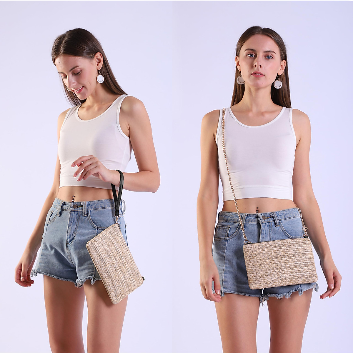 Straw Zipper Small Cross body bag Wristlet Clutch Womens Purse (Silver)