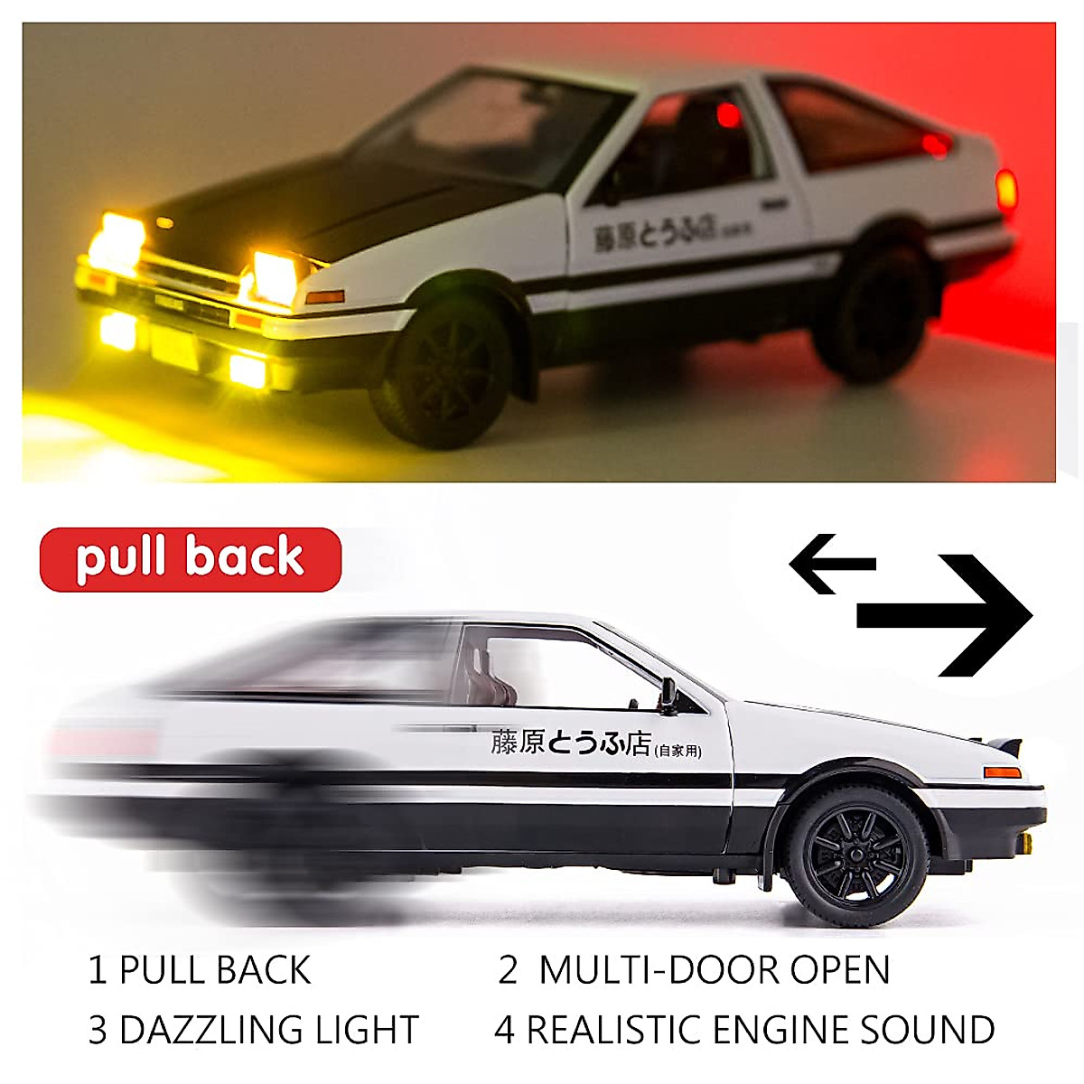 BDTCTK 1/24 AE86 Initial D Model Car Big Toy Car, Zinc Alloy Pull Back Toy Car with Sound and Light for Kids Boy Girl Gift (Black)