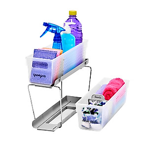 madesmart Mini 2-Tier Organizer, Multi-Purpose Slide-Out Storage with Handles and Dividers for Home and Bath, Frost