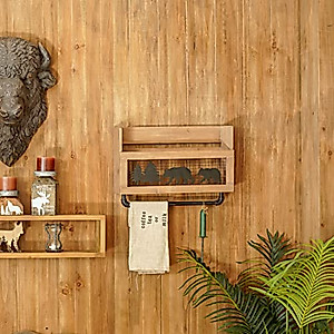 Synovana Cabin Style Hanging Towel Rack with Bar Farmhouse Wooden Floating Shelf Bear Wall Decor Rustic Wall Mounted Storage Towel Rack for Bathroom Kitchen Living Room Home Decor