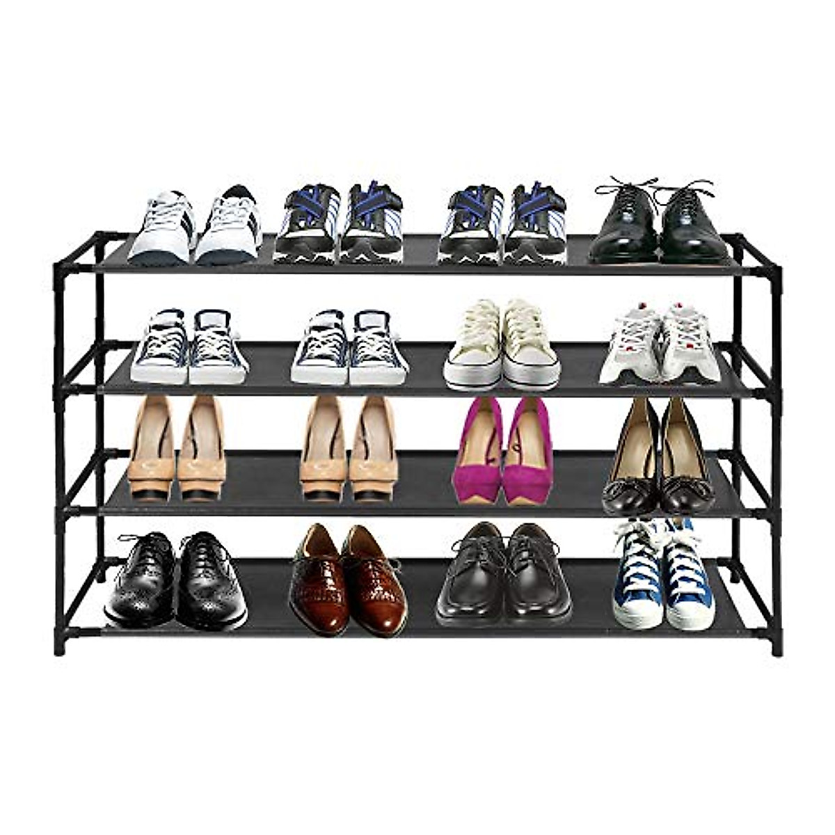 Karl home 4-Tier Shoe Rack, Stackable Shoe Shelf Storage Organizer, Non-Woven Fabric Free Standing Shoe Closet for Entryway Bedroom Doorway Hallway Black