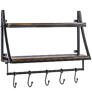 MyGift 2 Tier Wall Mounted Solid Brown Wood Floating Shelf with Metal Frame and 5 Sliding Hooks, Industrial Rustic Bathroom and Kitchen Display Storage Rack