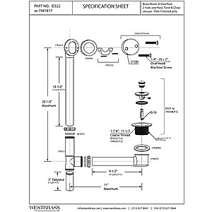 Westbrass 22-1/2" Brass Twist & Close Bath Waste & Overflow with 2-Hole Faceplate, Matte Black, D322-62