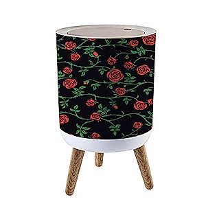 Small Trash Can with Lid Red Rose Floral Seamless with Climbing Curly Flower Green Leaf and Wood Legs Press Cover Garbage Bin Round Waste Bin Wastebasket for Kitchen Bathroom Office 7L/1.8 Gallon