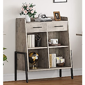 IDEALHOUSE Bookcase Horizontal Bookshelf Short Bookcases with Drawers Small Storage Shelves 4 Cube Organizer Metal Frame Wood Display Cabinet for Bedroom, Living Room, Home Office, Grey