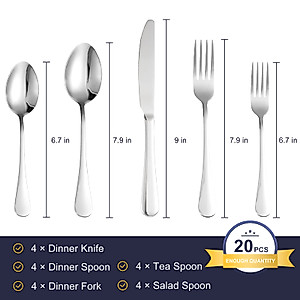 ZXZCTTC 20-Piece Silverware Set, Reusable Stainless Steel Flatware Cutlery Sets, Not easy to fade，Dishwasher safe，Firm Forks and Spoons Silverware Serving Set Utensils for 4, (Silver)