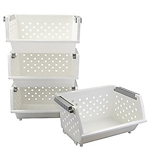 Yesdate 4-Pack Plastic Stackable Storage Basket Organizer, Multi-functional Stacking Basket Bins, White