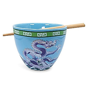 Bowl Bop Blue Dragons Japanese Ceramic Dinnerware Set | Includes 16-Ounce Ramen Noodle Bowl and Wooden Chopsticks | Asian Food Dish Set For Home & Kitchen | Kawaii Anime Gifts and Collectibles