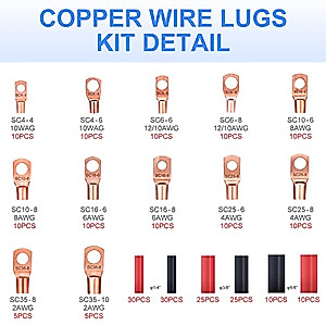 240pcs Copper Wire Lugs Battery Terminals Battery Cable Ends, AWG 2 4 6 8 10/12 Gauge Wire Connectors, 110Pcs Wire Lugs Terminal Connectors with 130Pcs Heat Shrink Tubing for Marine Electrical