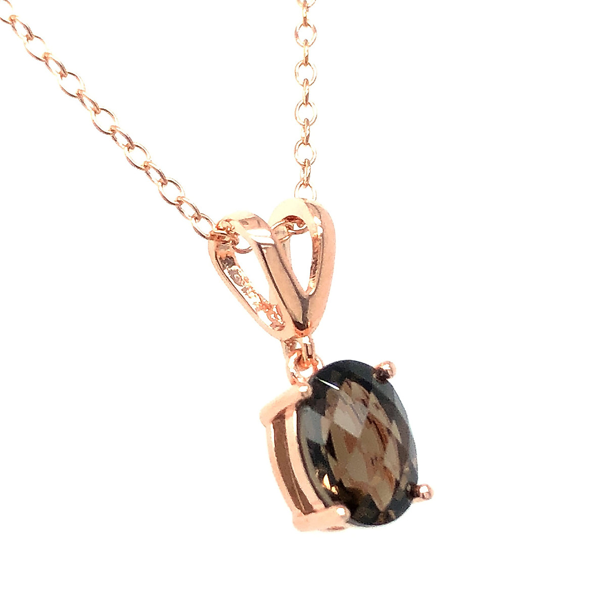 LE VIAN Checkerboard Cut Brown Smoky Quartz V Bail Drop Oval Pendant Necklace for Women in 14k Rose Gold Plated 925 Sterling Silver on 18 Inch Cable Chain with Spring Ring