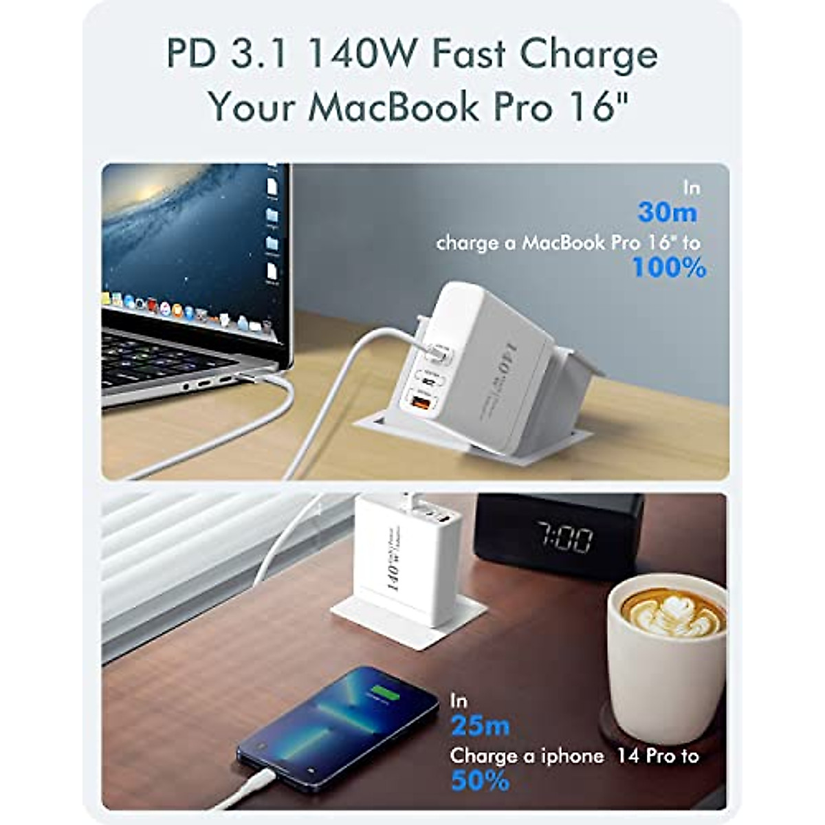 Dericam iPhone Charger USB C, 140W GaN Charger PD 3.1 Fast Charging, 3-Port Wall Charger Block for MacBook Pro/Air,iPad,IPhone14/13/12/11/X,Galaxy S22/S21,Dell XPS, ThinkPad,Pixelbook and More-White
