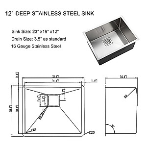 BoomHoze Undermount Laundry Utility Sink, 24"x19"x12" Deep Laundry & Utility Room Sinks 16 Gauge Stainless Steel Laundry Sink Undermount Kitchen Sink Outdoor RV Sink