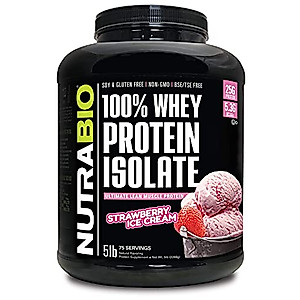 NutraBio 100% Whey Protein Isolate - Complete Amino Acid Profile - 25G of Protein Per Scoop - Soy and Gluten Free - Zero Fillers, Non-GMO, Protein Powder - Strawberry, 5 Pounds