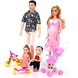 Vakitar Family Dolls Set of Dad Pregnant Mom Girl Boy Children Role Play House Toy Gift,for Home (Printed Blue T+Pregnant Powder)