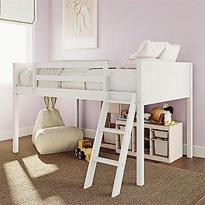 Merax Wood Low Loft Bed with Ladder,Wooden Low Loft Bed with Guardrail for Kids or Teens,Space Saving,No Box Spring Needed,Twin Size, White Color